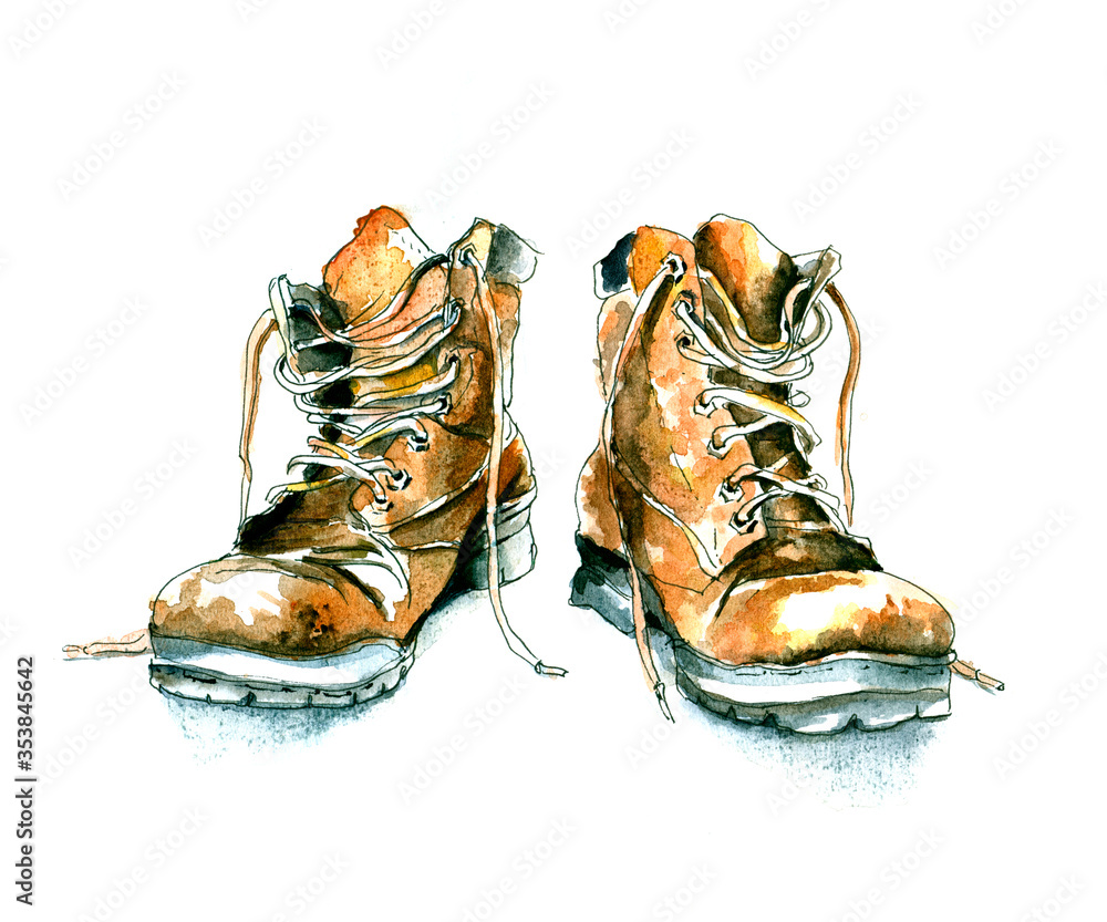 Sketch of shoes / Hand-drawn Watercolor and ink illustration isolated ...