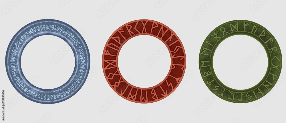 Runic frame ancient circle template set. Runic bronze green hoop ...