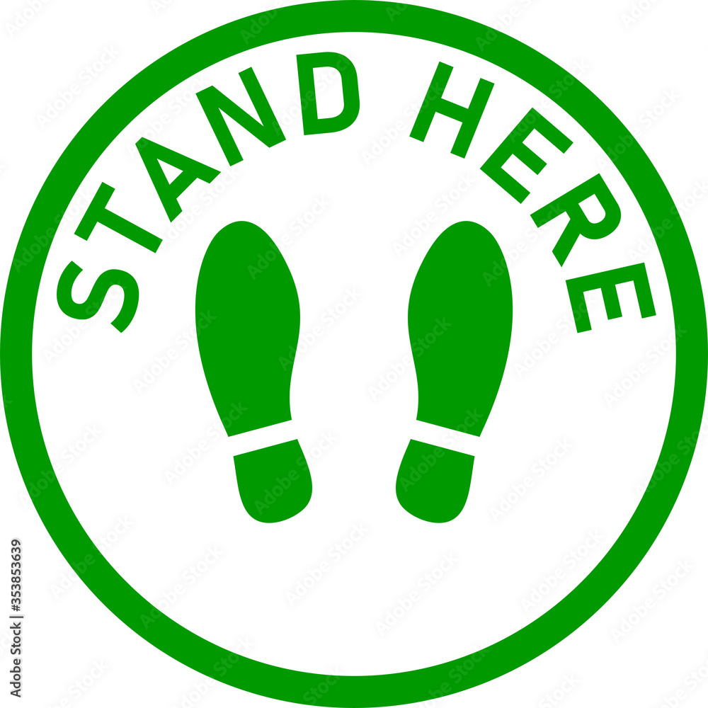 Stand Here Round Floor Marking Sticker Icon with Text and Shoeprints ...