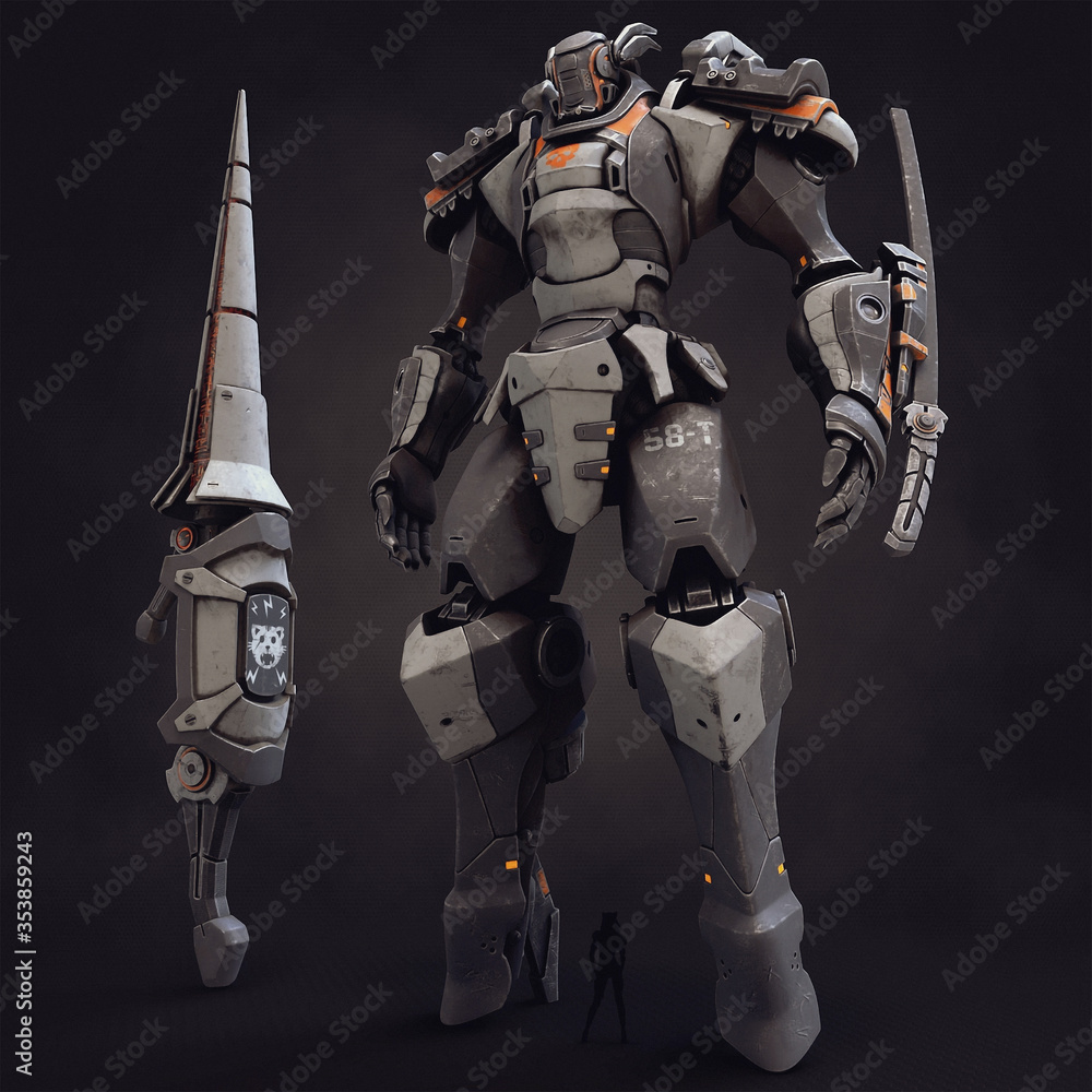 Mech samurai warrior with katana on an armored arm and large lance ...
