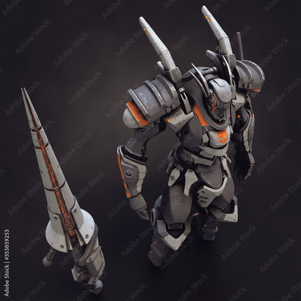 Mech samurai warrior with katana on an armored arm and large lance ...