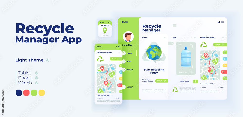 Recycling manager app screen vector adaptive design template. Waste ...