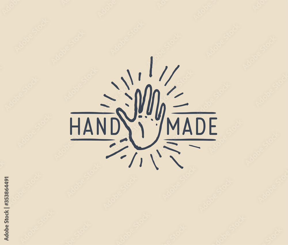 Hand Made badge or tag or logo design template with hand drawn hand ...