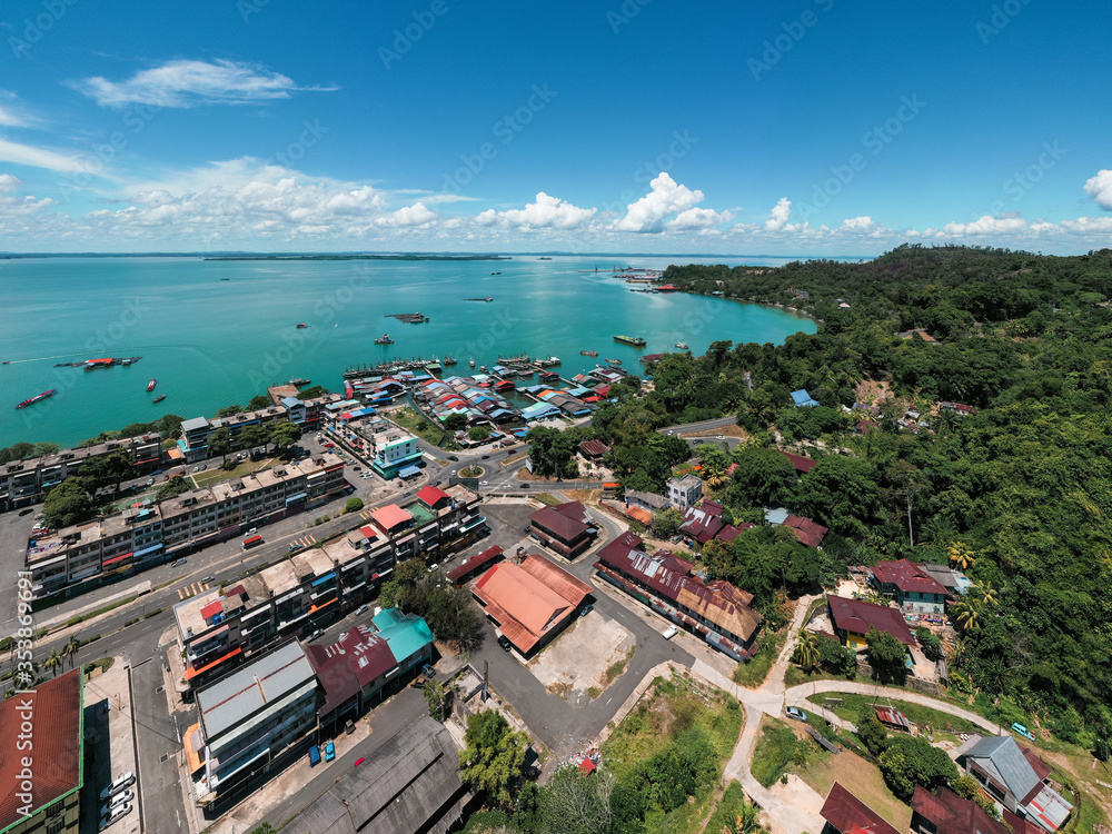 An aerial panorama view of Sandakan Town at Sabah. Sandakan is a city ...
