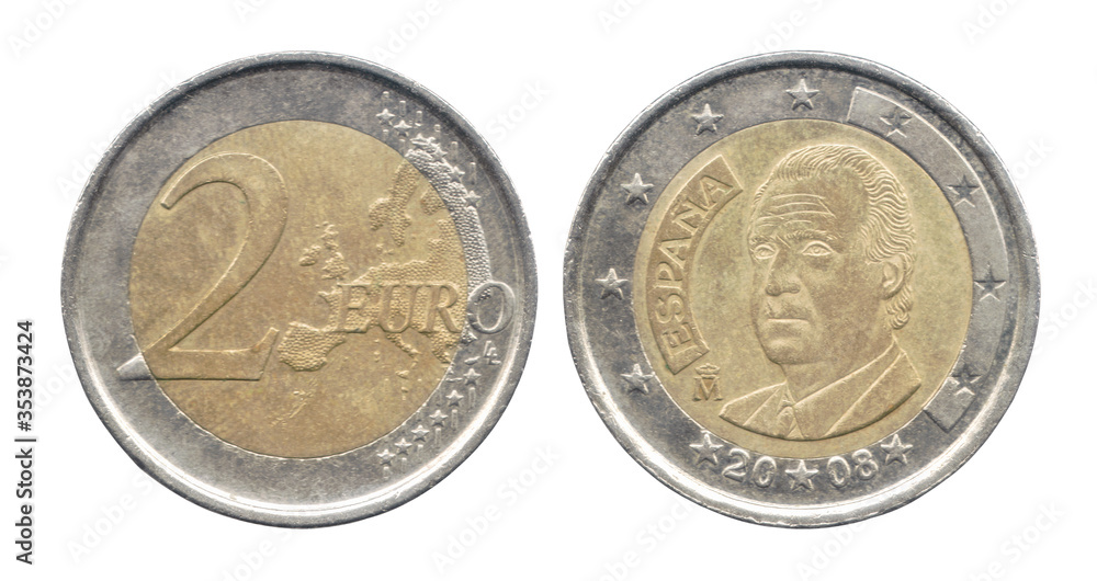 2 Euro coin of the Spain with a portrait of king Juan Carlos 1 isolated ...