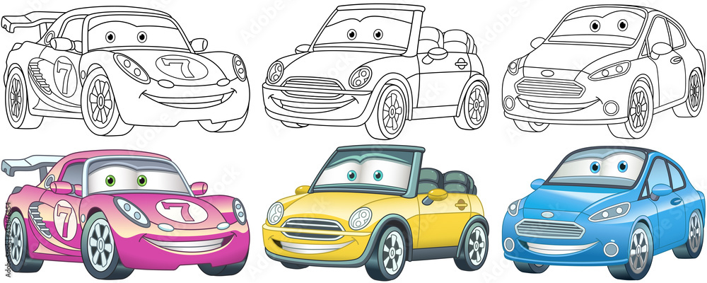 Cartoon cars. Coloring pages for kids. Colorful clipart characters ...