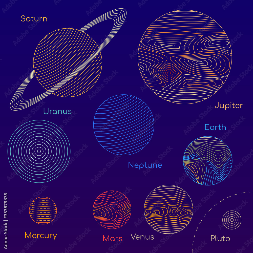 Line art solar system planets set. Cosmic linear set with Pluto ...