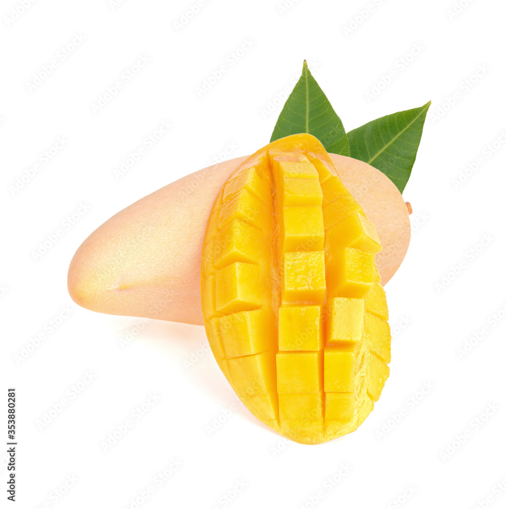 King of fruits, yellow Mango fruit, and mango half isolated on white ...