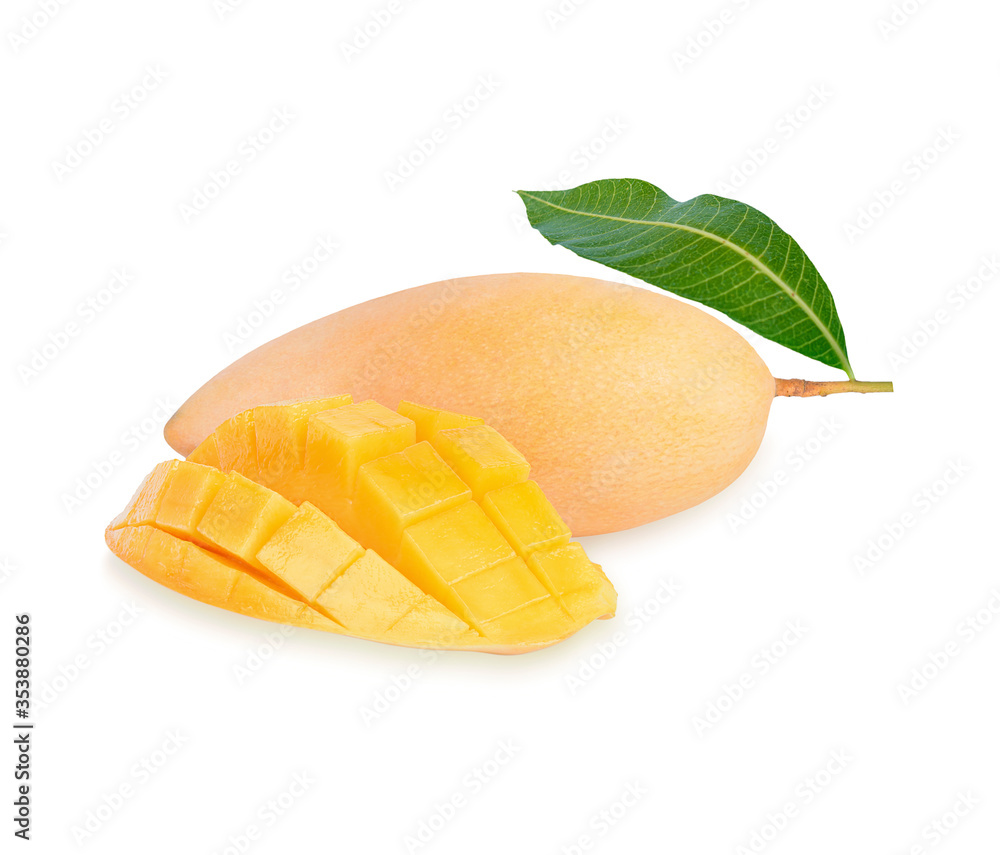King of fruits, yellow Mango fruit, and mango half isolated on white ...