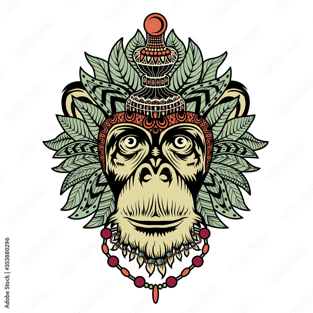 Monkey King Drawing Illustration Design. Monkey with Crown, Leaf Hairs ...