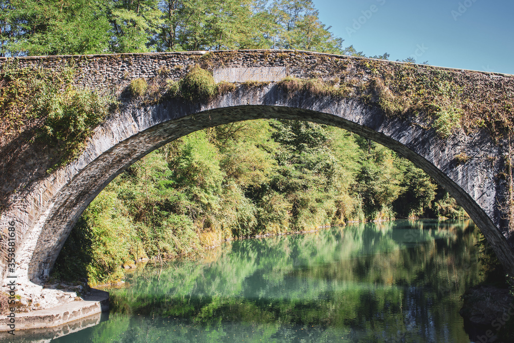Medieval bridge with moss over the river in France. Old roman bridge in ...