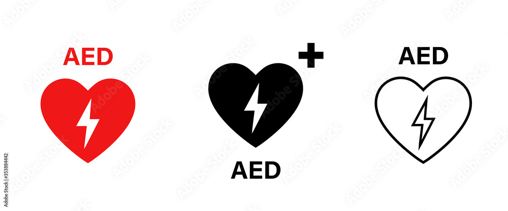 AED vector icon. Emergency defibrillator sign or icon. AED AID CPR ...