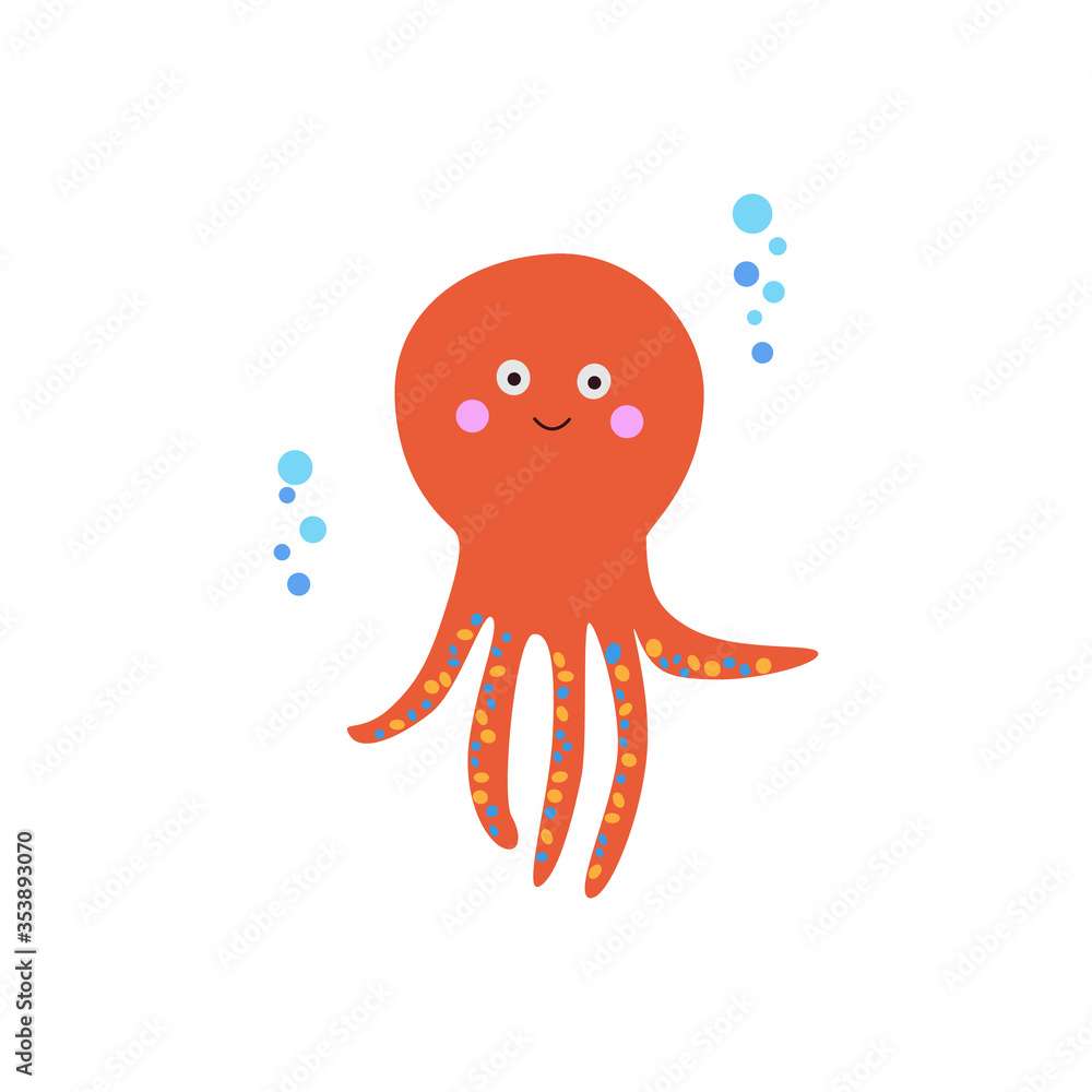 Cute red octopus isolated on white background. Vector illustration in ...