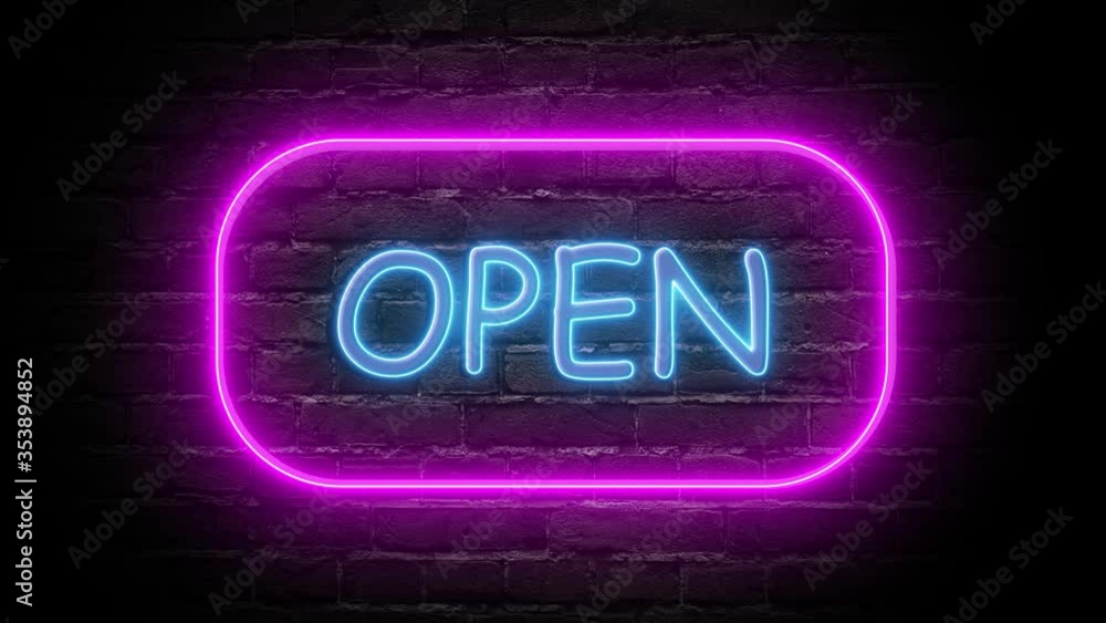 Neon open sign animation on brick wall background. Open sign seamless ...