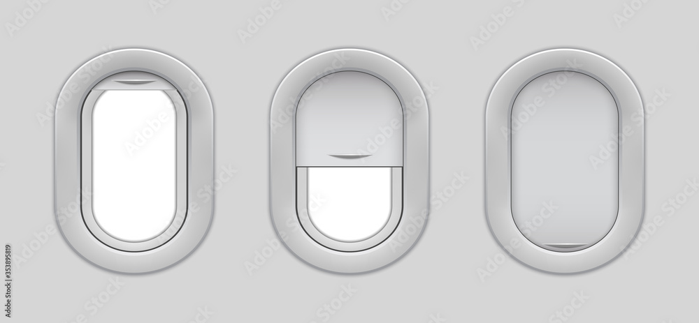 Airplane window isolated mockup. Open and closed airplane windows from ...