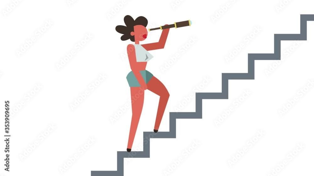 Color Stick Figure Woman Girl Character Walk Climb Up Stairs with ...