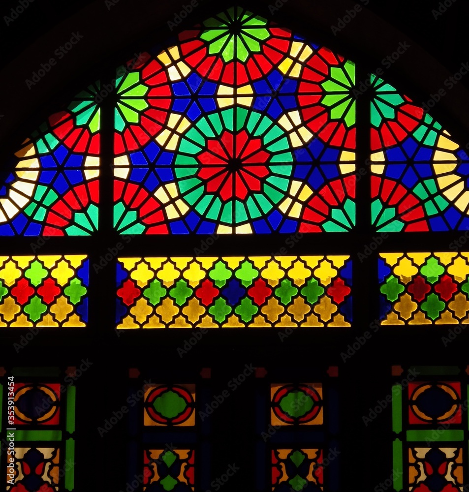 The colourful stained glass with window arch frame at nasir al mulk ...