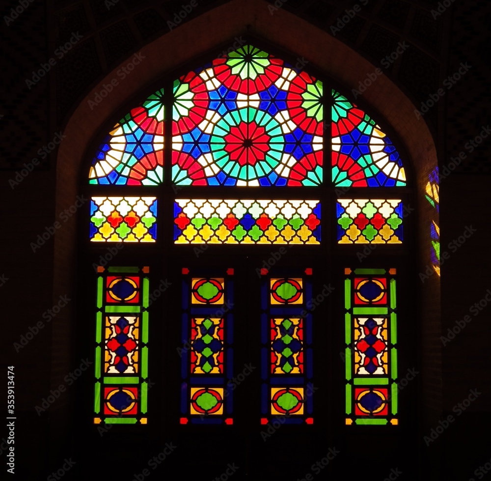 The colourful stained glass with window arch frame at nasir al mulk ...