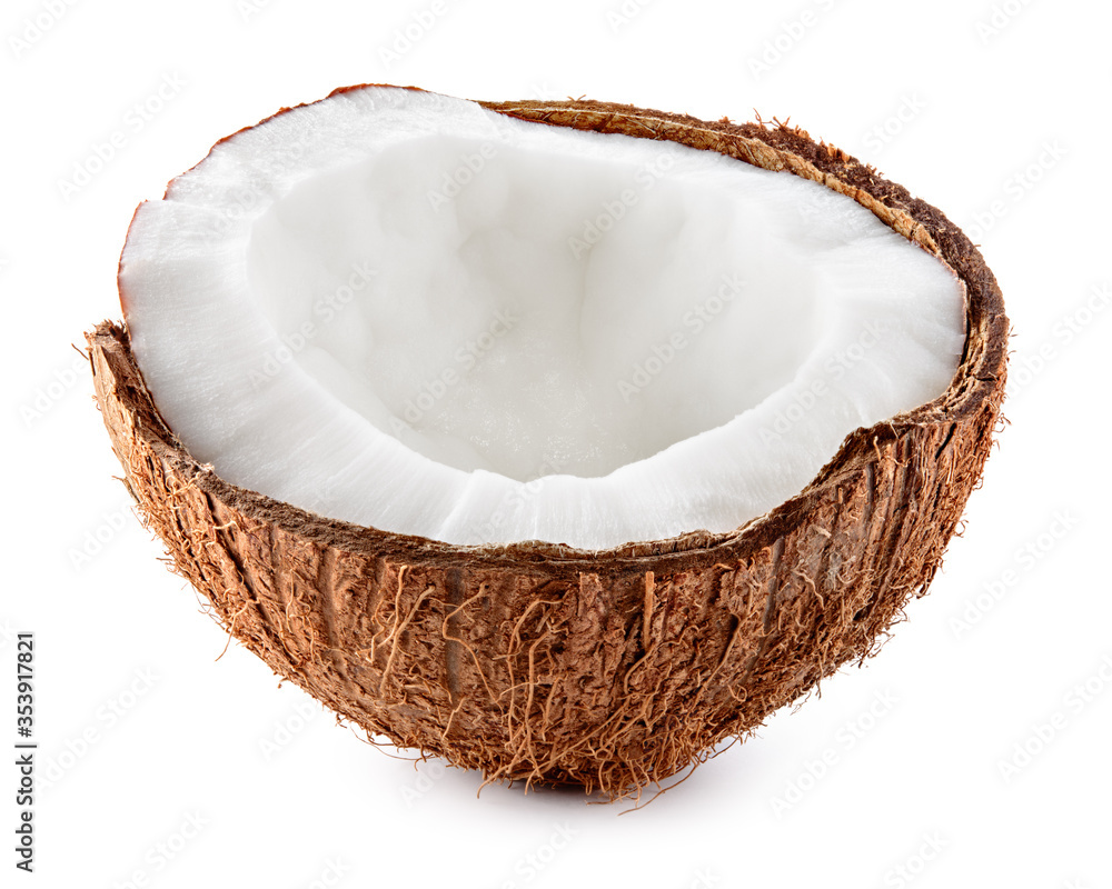 Coconut half isolate. Coco isolated side view. Open coconut. Coco slice ...