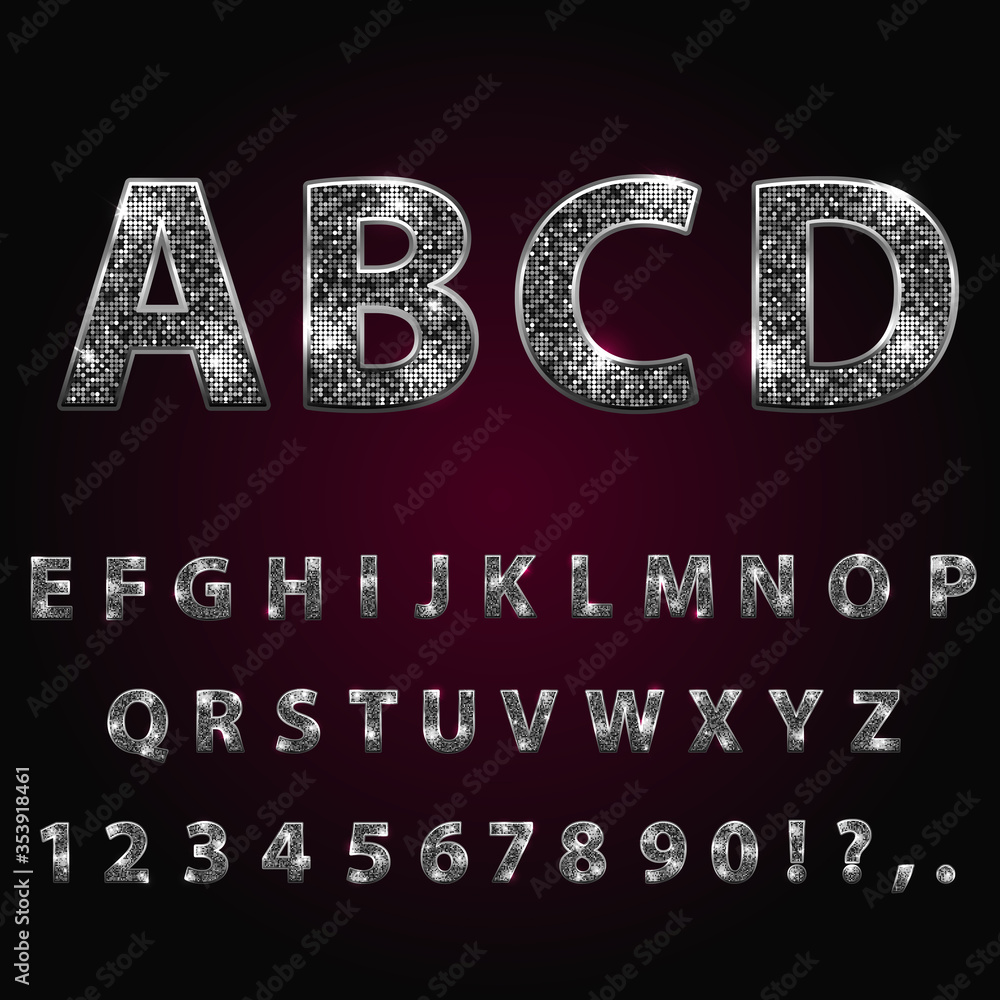 Silver metallic shiny alphabet. Sparkle, glitter, rhinestone alphabet ...