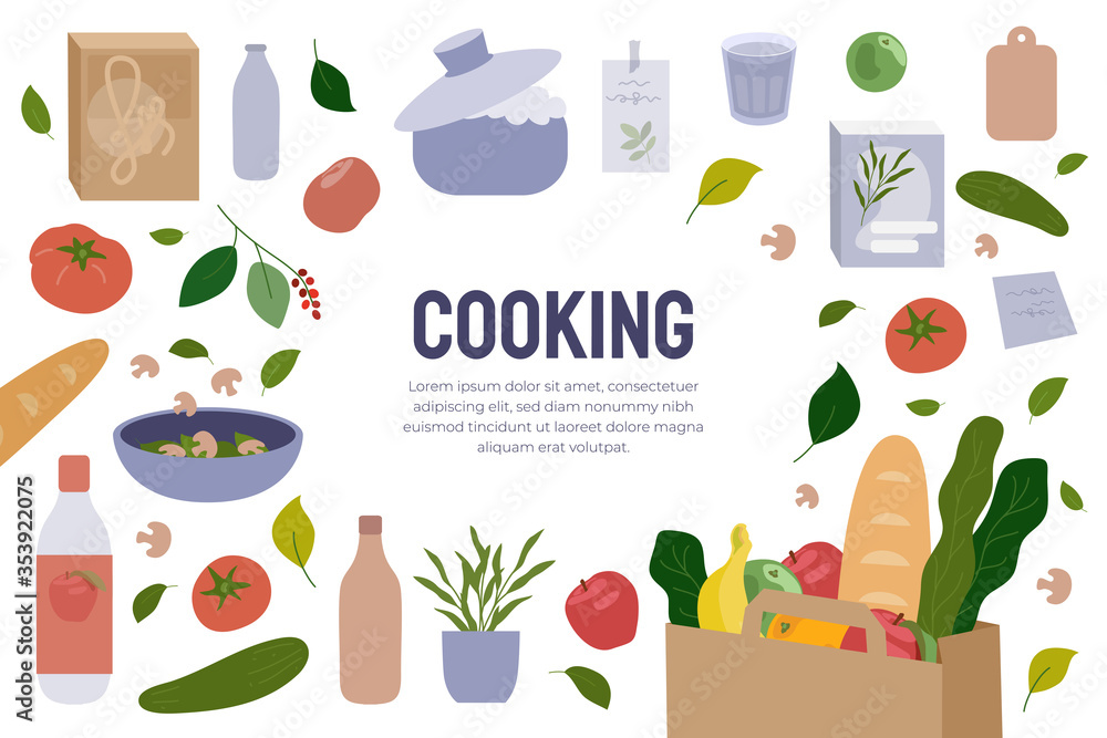 Poster design template of Cooking. Flyer with food items, meal ...