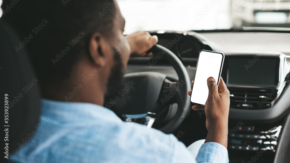 Unrecognizable Black Driver Using Mobile Phone Sitting In Automobile ...