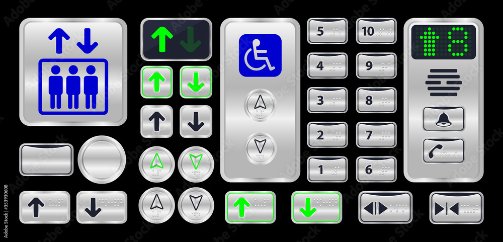elevator button with braille sign isolated on black, silver metal ...