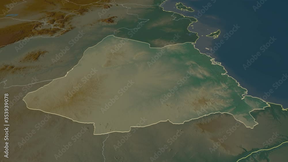 Lindi, region with its capital, zoomed and extruded on the relief map ...