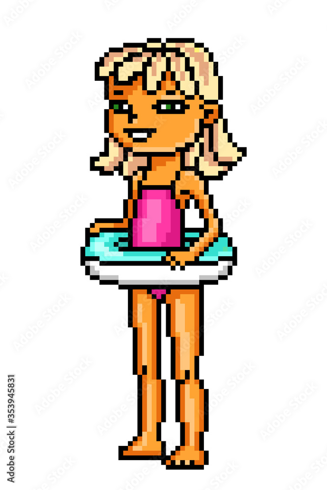 Happy smiling tanned blonde girl in pink swimsuit standing with blue ...