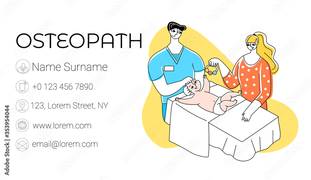 Vector flat business card template for child osteopath. There are ...