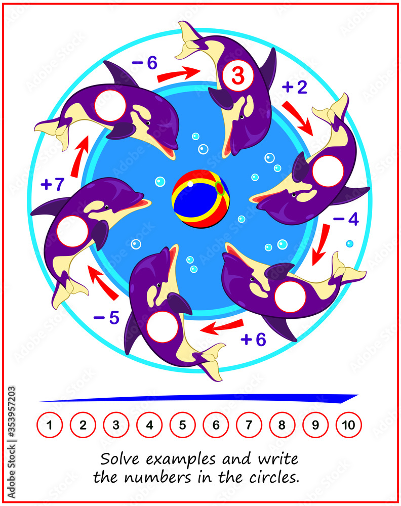 Math educational game for children on addition and subtraction. Solve ...