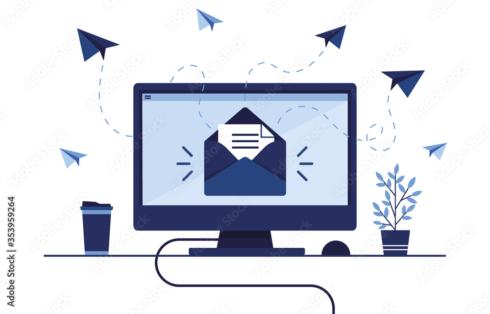 Vector banner illustration of email marketing. Workplace at home, in ...