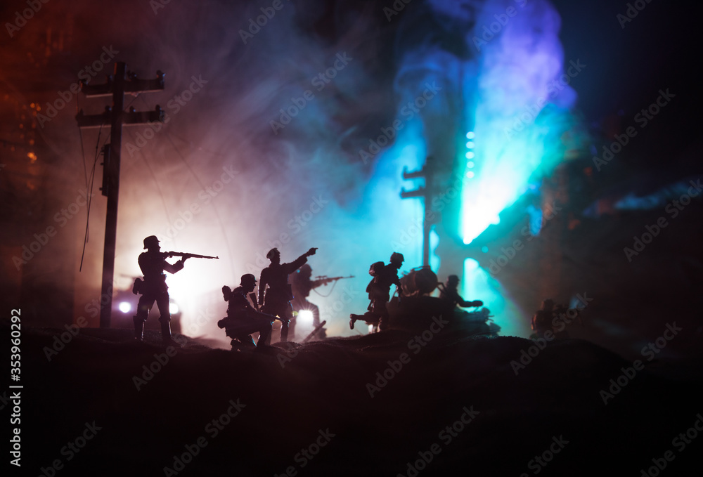War Concept. Military silhouettes fighting scene on war fog sky ...