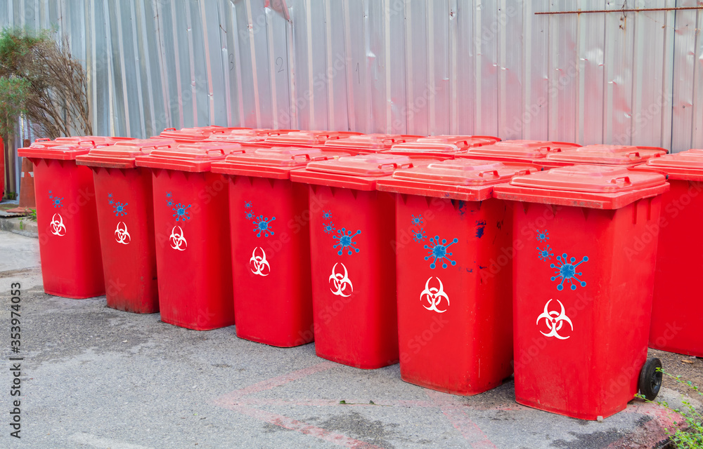 red bins group with symbol infectious in the outdoors keep clean from ...