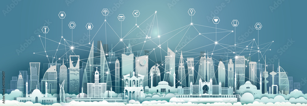 Technology wireless network communication smart city with icon and ...