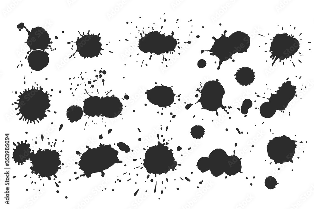 Vector black and white ink splash, blot and brush stroke, spot, spray ...