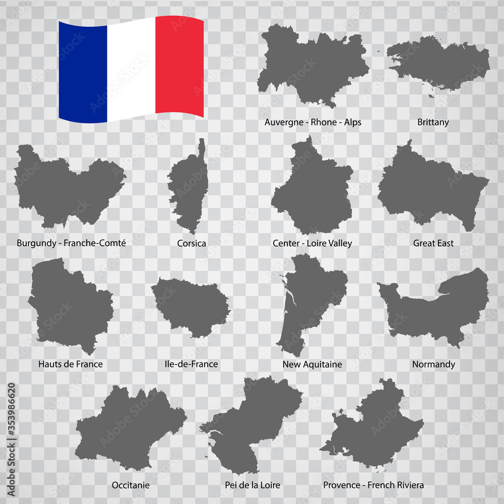 Thirteen Maps Regions of France - alphabetical order with name. Every ...