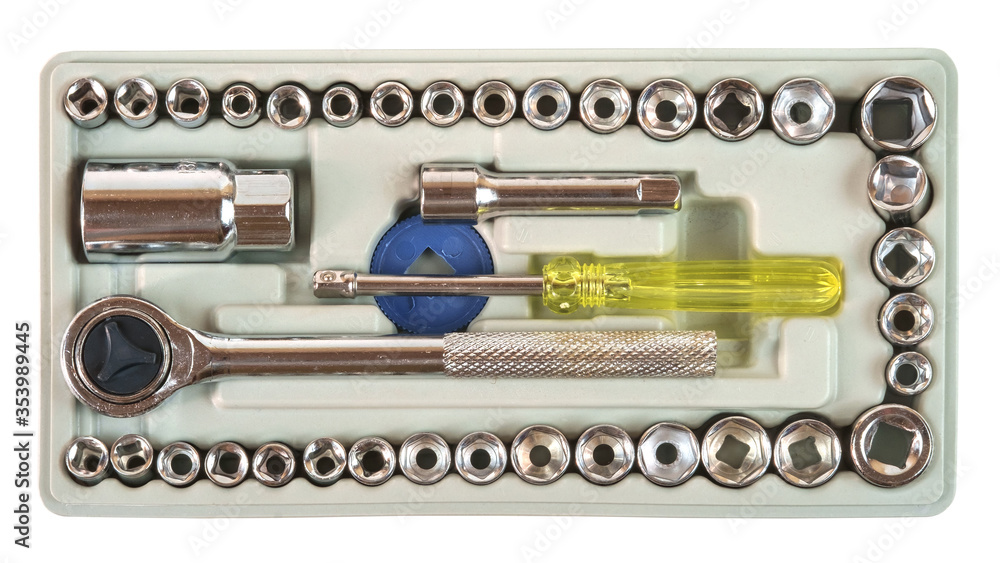 Top view set of the socket spanner wrench and various wrench heads in ...