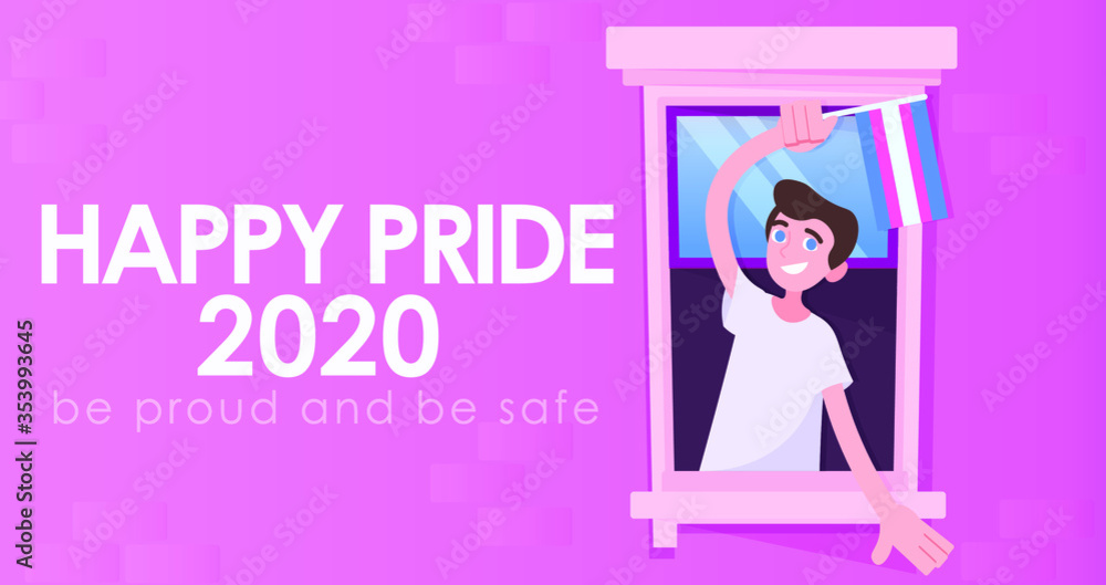 Transgender man peepsing out of the window and holding transgender-flag ...