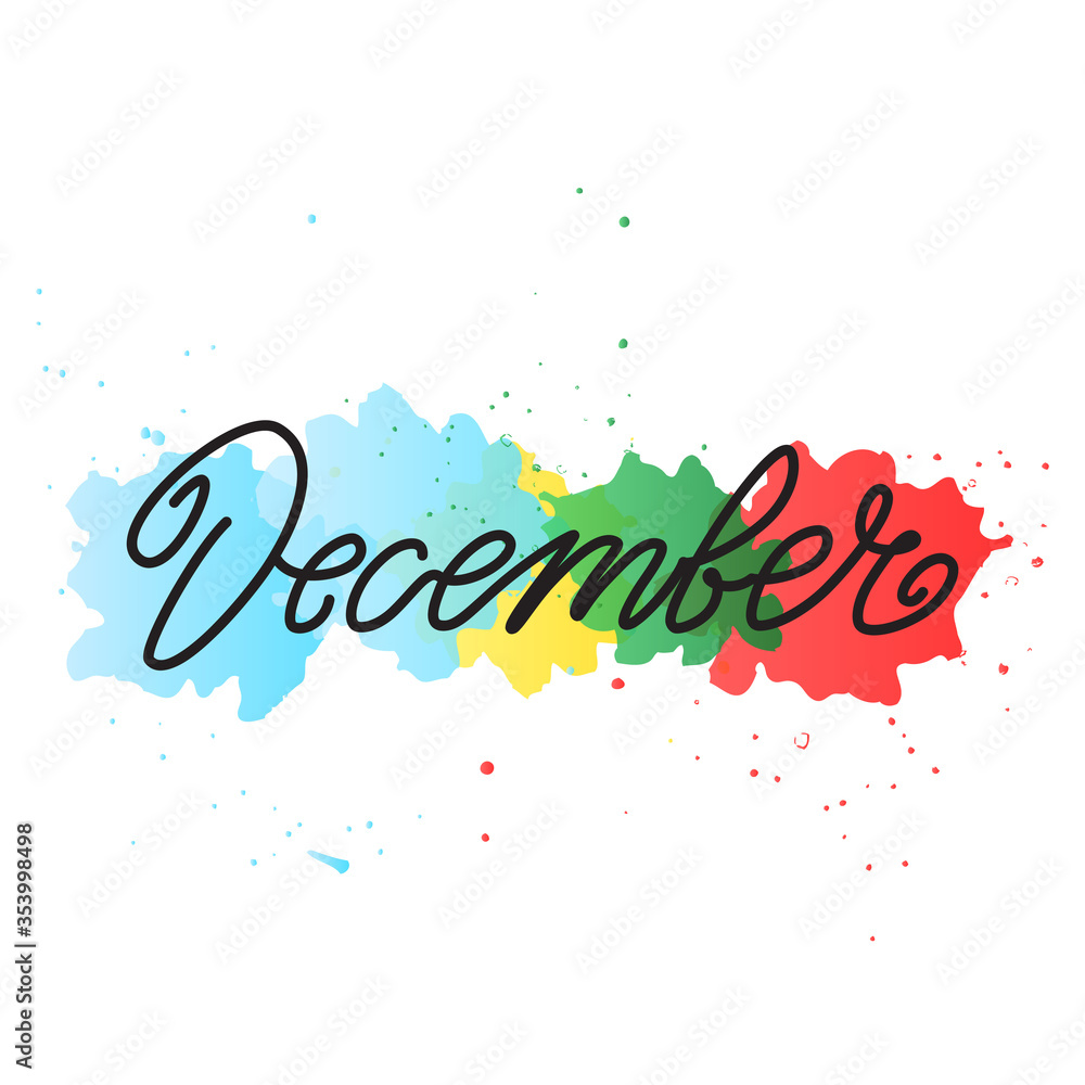 December. Illustration of handwritten winter month name on a watercolor ...