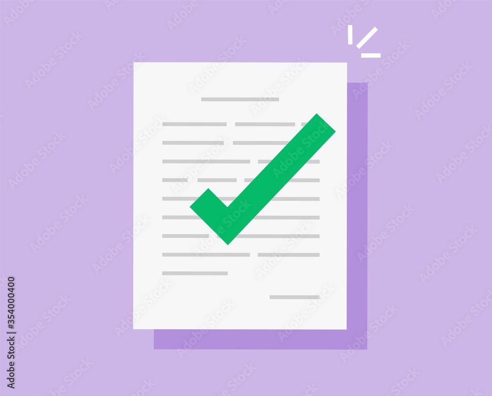 Approved and confirmed document file with check mark icon flat cartoon ...