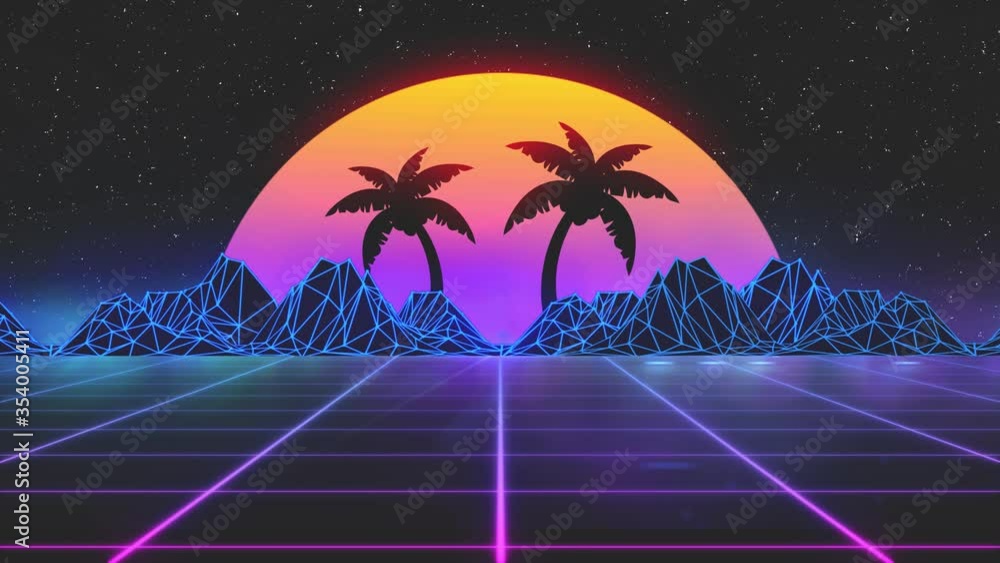 Stylized vintage 3D animation background with mountains, sun, palm ...