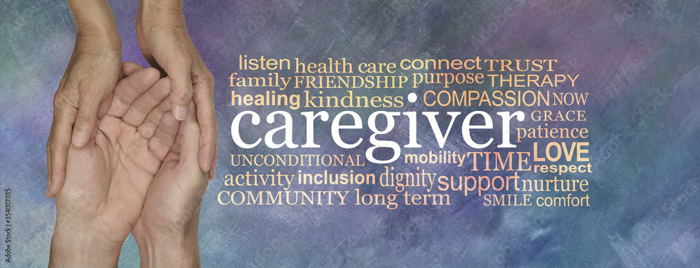 Thank you to all the caregivers word cloud banner - female hands gently ...