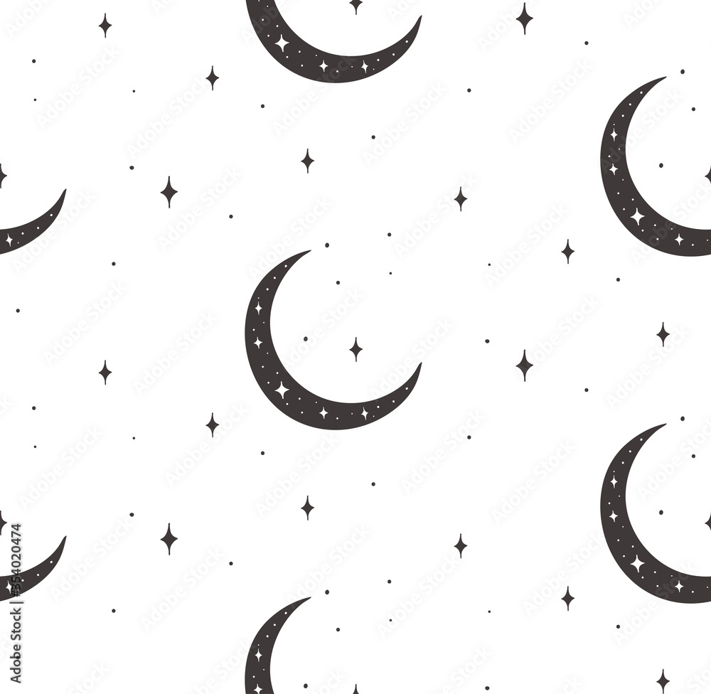 Vector Abstract Line Drawing Cosmic Seamless Pattern with Moon, Stars ...