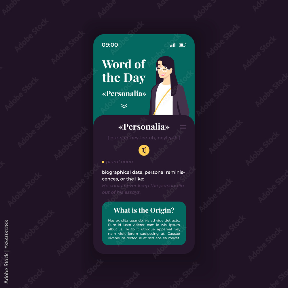 Word of the day trivia smartphone interface vector template. Mobile app ...