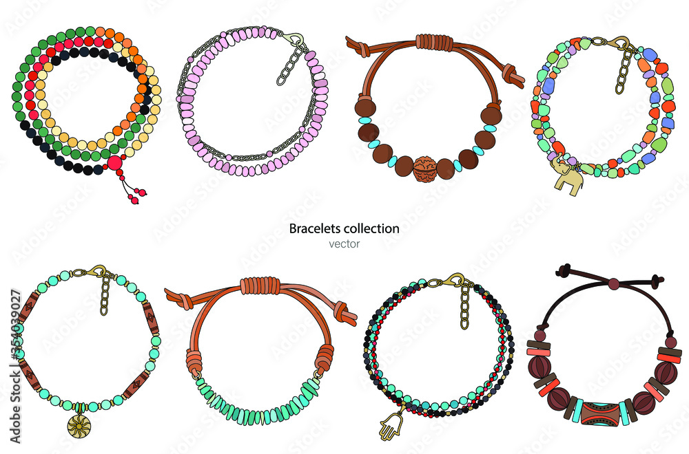Collection of handmade bracelets in ethnic style. Color vector ...