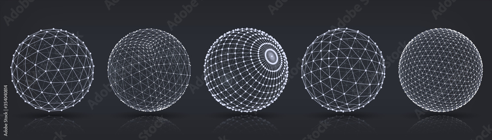 Grid spheres. Realistic 3D globes with abstract net or wireframe for ...