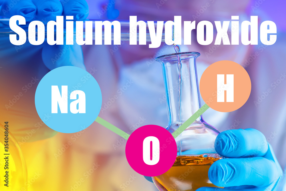 Logo NaOH. Inscription Sodium hydroxide on the background of the hands ...