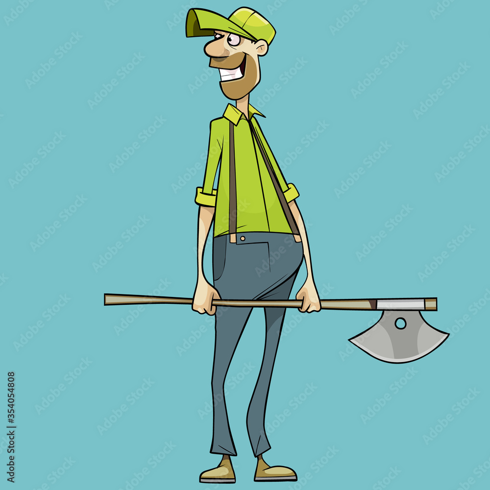cartoon man holding an ax in his hands looking back Stock Vector ...