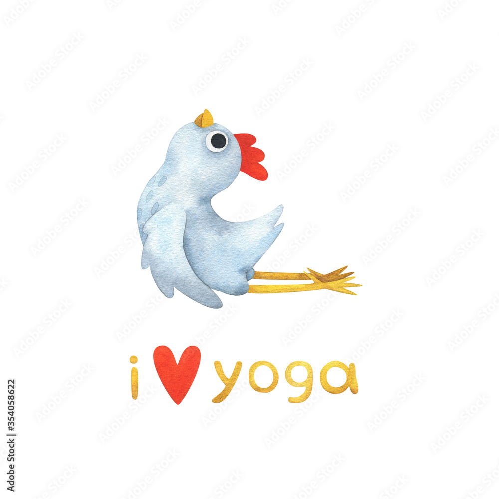Funny white chicken in yoga poses. A set of watercolor illustrations ...